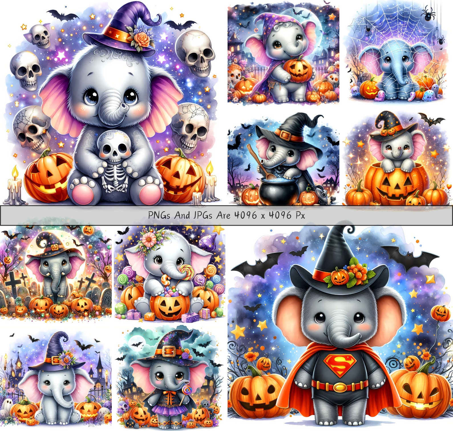 Cute Halloween Elephants Clipart Bundle, Watercolor Elephant Clip Art ...