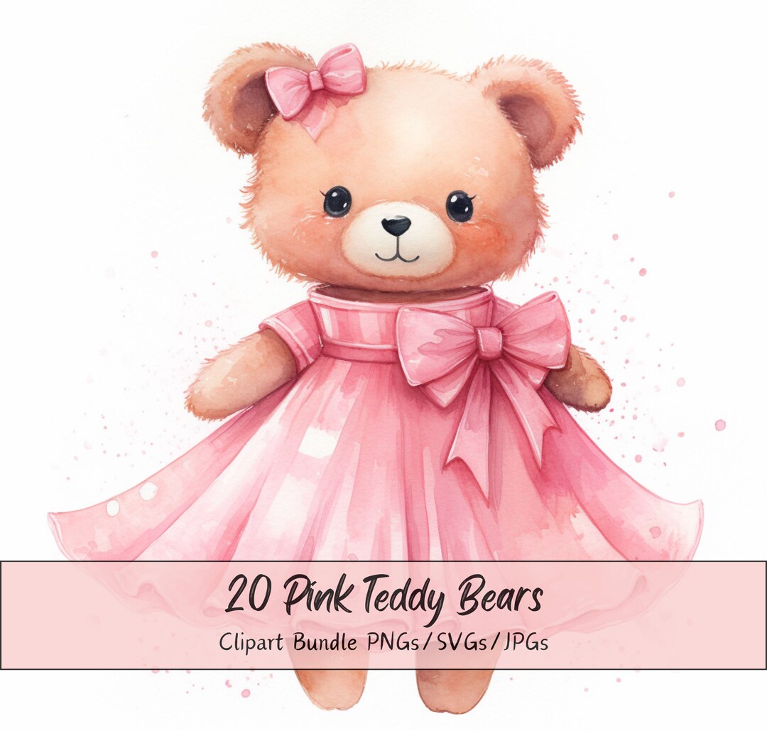 Pink Watercolor Teddy Bear Clipart Bundle, Cute Baby Shower Clipart ...