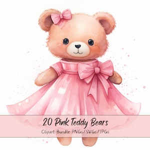 Pink Watercolor Teddy Bear Clipart Bundle, Cute Baby Shower Clipart ...
