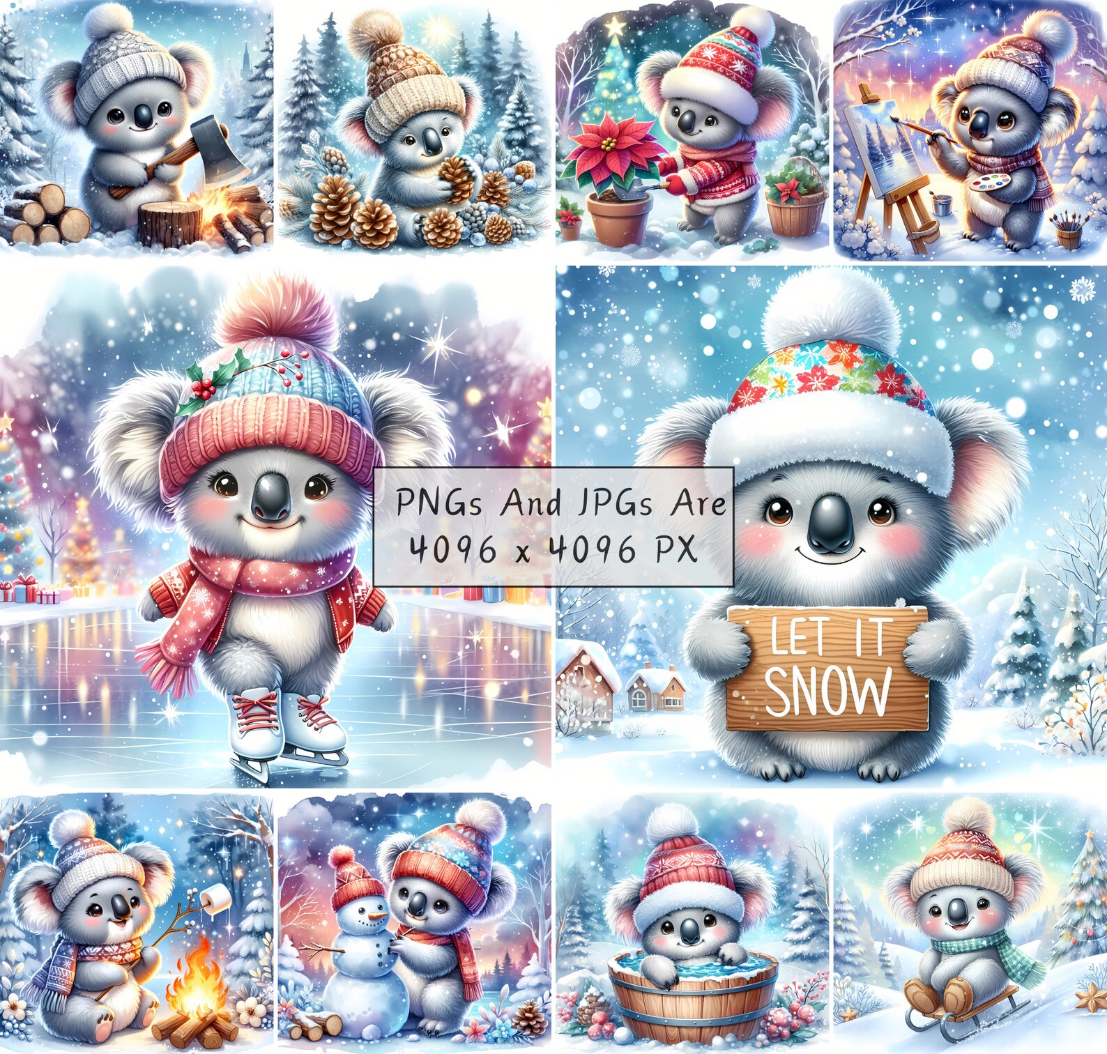 Cute Winter Koala Clipart Bundle, Festive Watercolor Clip Art Images ...