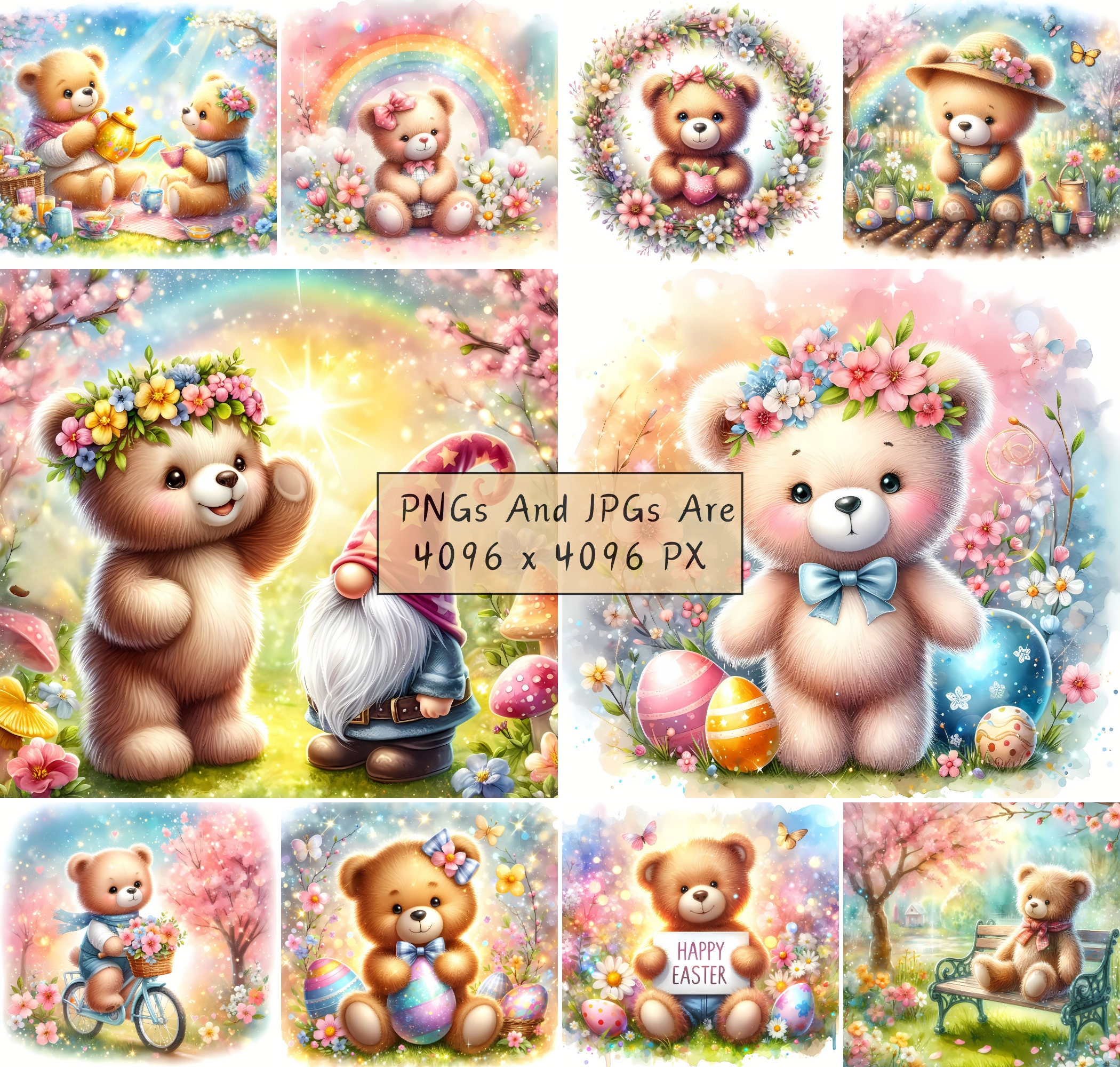 Cute Spring Teddy Bears Clipart Bundle, Watercolor Clip Art Images ...