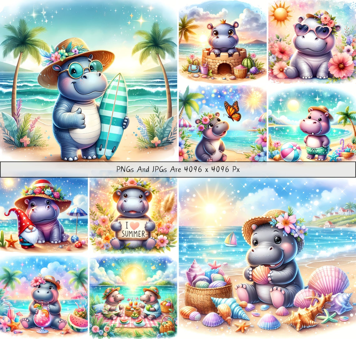 Cute Summer Hippopotamus Clipart Bundle, Watercolor Hippo Clip Art ...