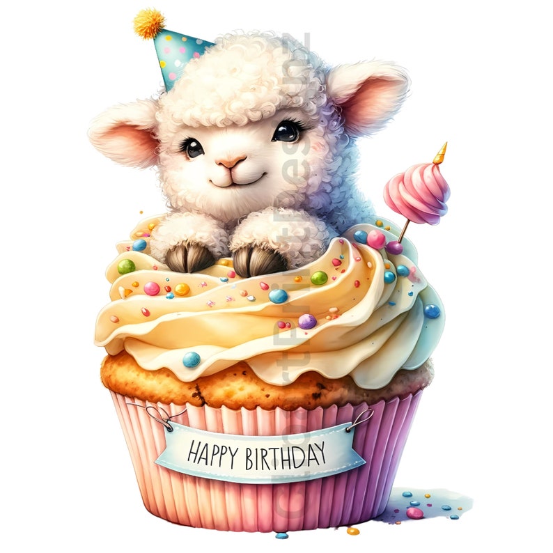 Cute Animals in Happy Birthday Cupcakes Clipart Bundle, Watercolor Clip ...