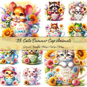 Cute Summer Cup Animals Clipart Bundle, Watercolor Floral Clip Art ...