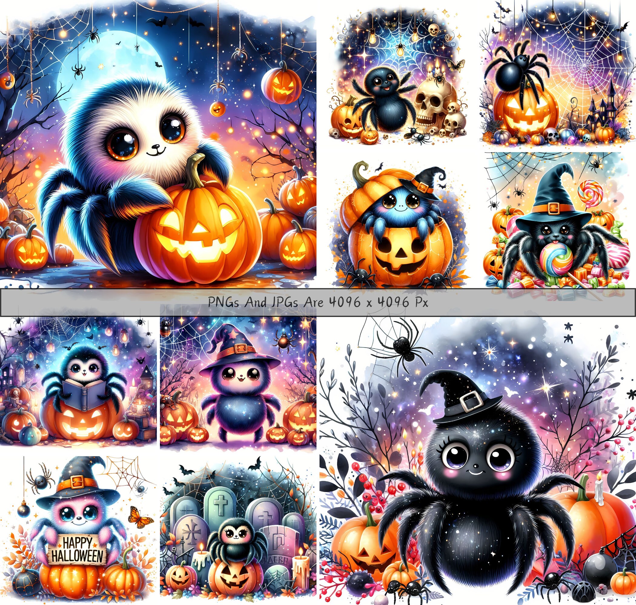 Cute Halloween Spiders Clipart Bundle, Watercolor Spider Clip Art ...