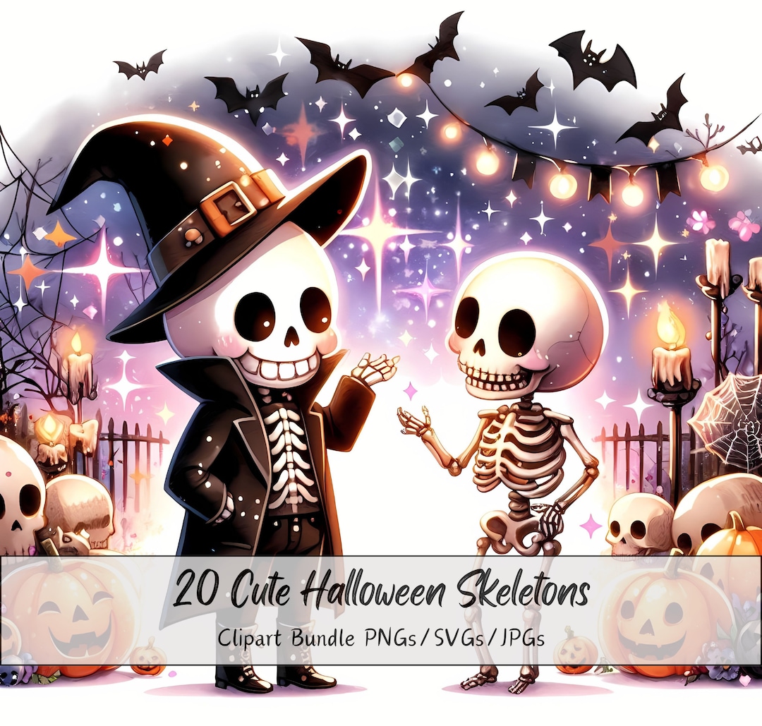 Cute Halloween Skeletons Clipart Bundle, Watercolor Skeleton Clip Art ...