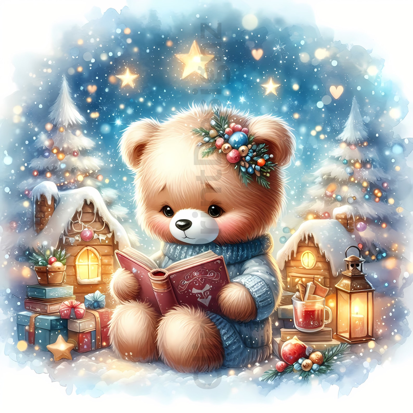 Cute Winter Teddy Bear Clipart Bundle, Festive Watercolor Clip Art Images, 20 High Quality Pngs ...