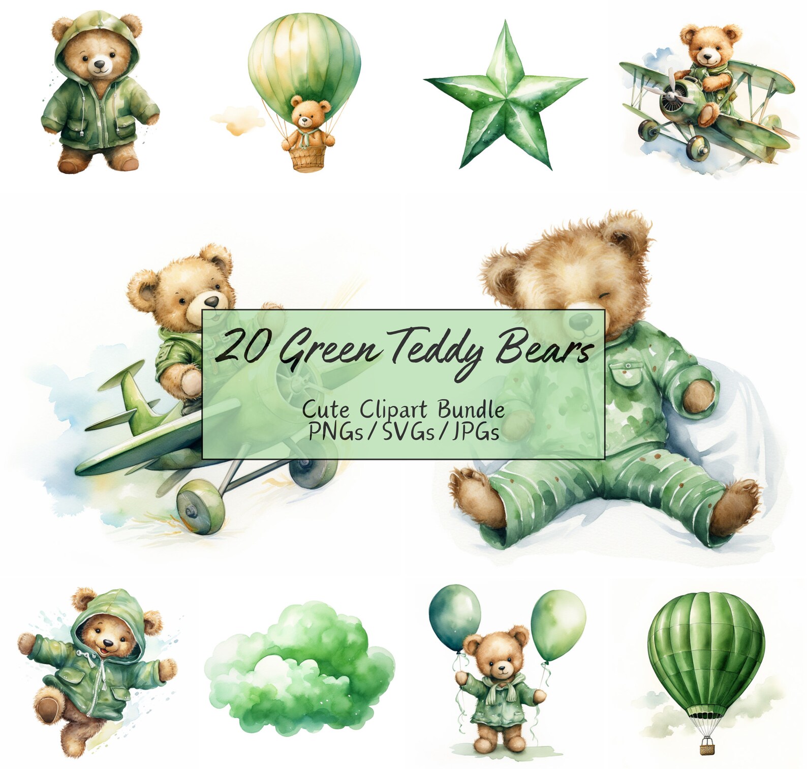 20 Green Watercolour Teddy Bear Clipart, Baby Shower Bundle, Commercial ...