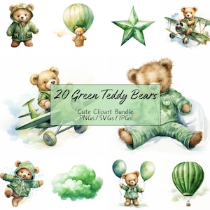 20 Green Watercolour Teddy Bear Clipart, Baby Shower Bundle, Commercial Use, Pngs/jpgs/svgs ...