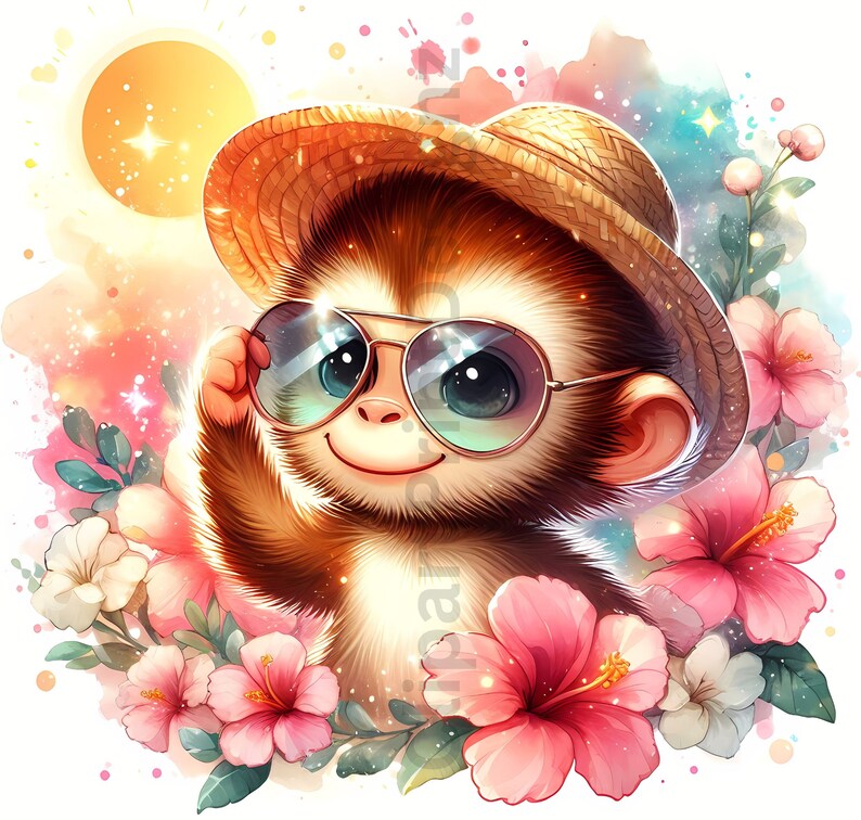 Cute Summer Monkeys Clipart Bundle, Watercolor Monkey Clip Art Images ...