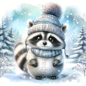 Cute Winter Raccoon Clipart Bundle, Festive Watercolor Clip Art Images ...
