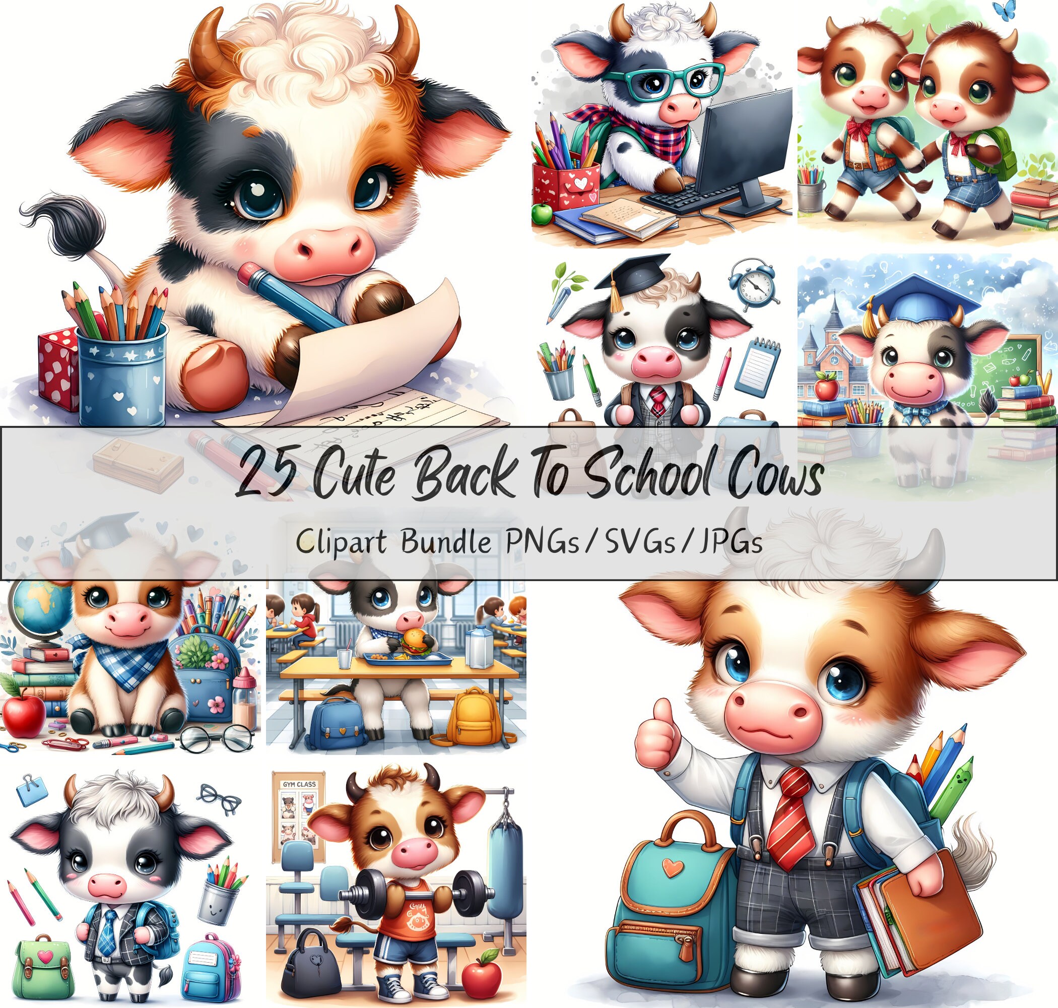 Cute Back to School Cows Clipart Bundle, Watercolor Cow Clip Art Images ...