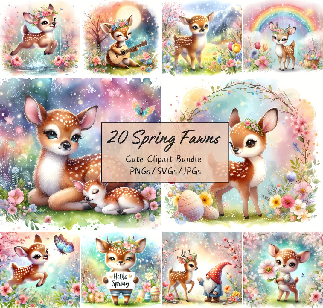 Cute Spring Fawn Clipart Bundle, Watercolor Clip Art Images, 20 High ...
