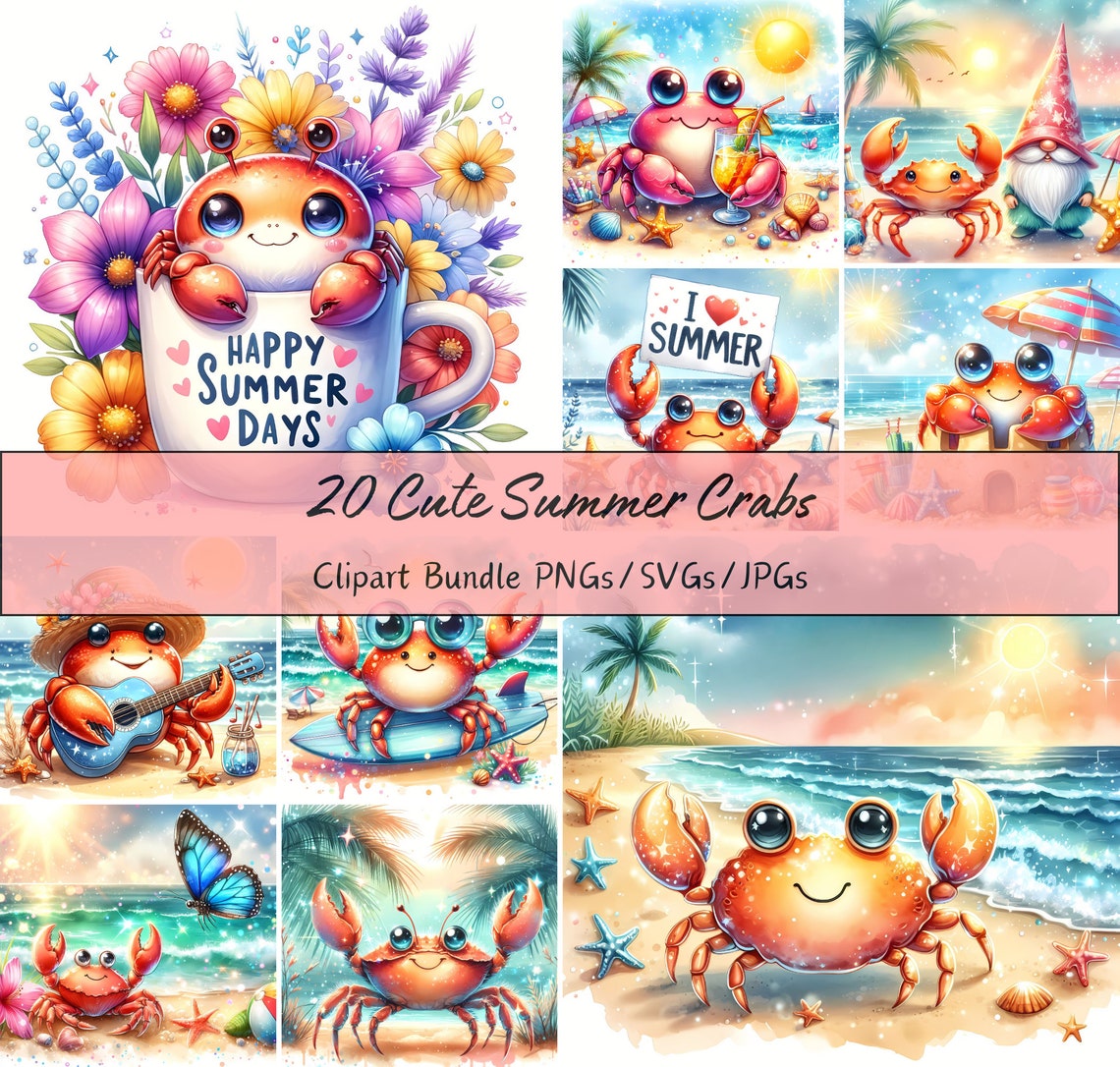Cute Summer Crabs Clipart Bundle, Watercolor Crab Clip Art Images, High ...