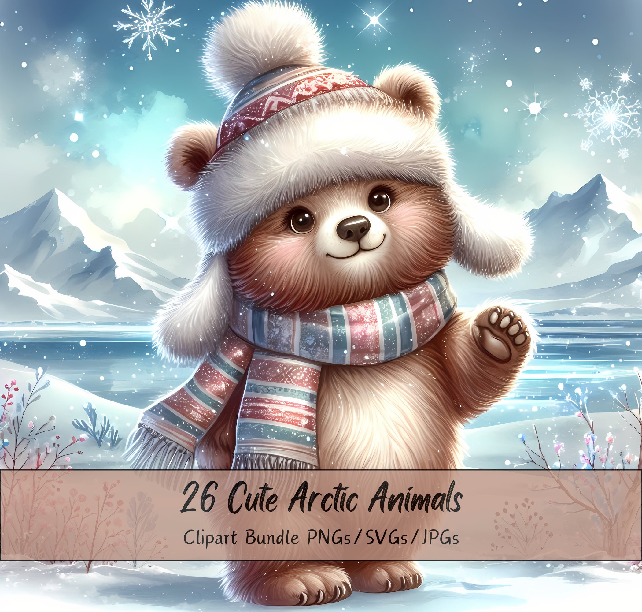 Cute Winter Arctic Animals Clipart Bundle, Festive Watercolor Clip Art ...