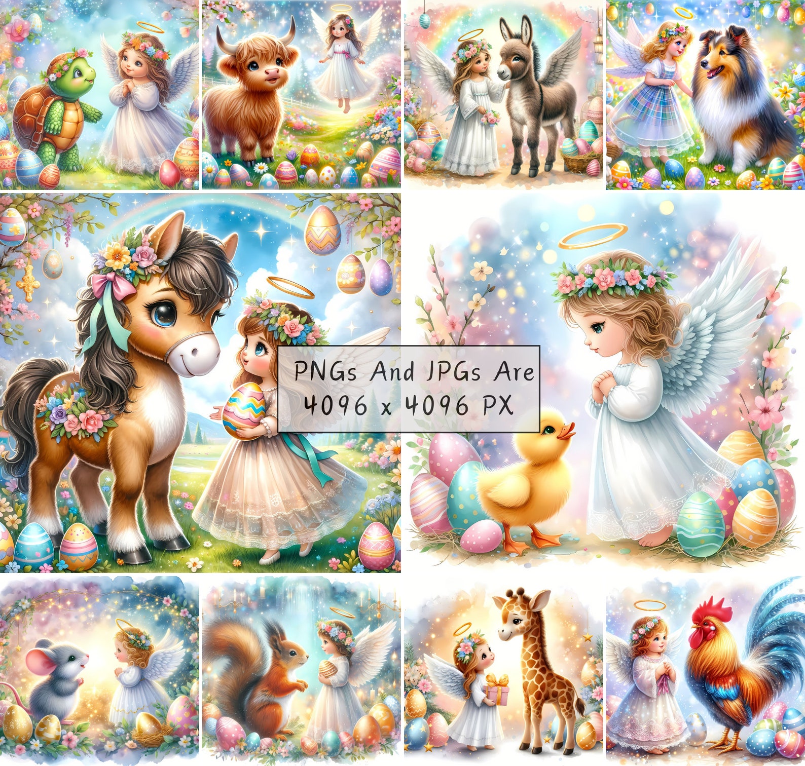 Cute Easter Animals and Angels Clipart, Watercolor Animal Images, High ...