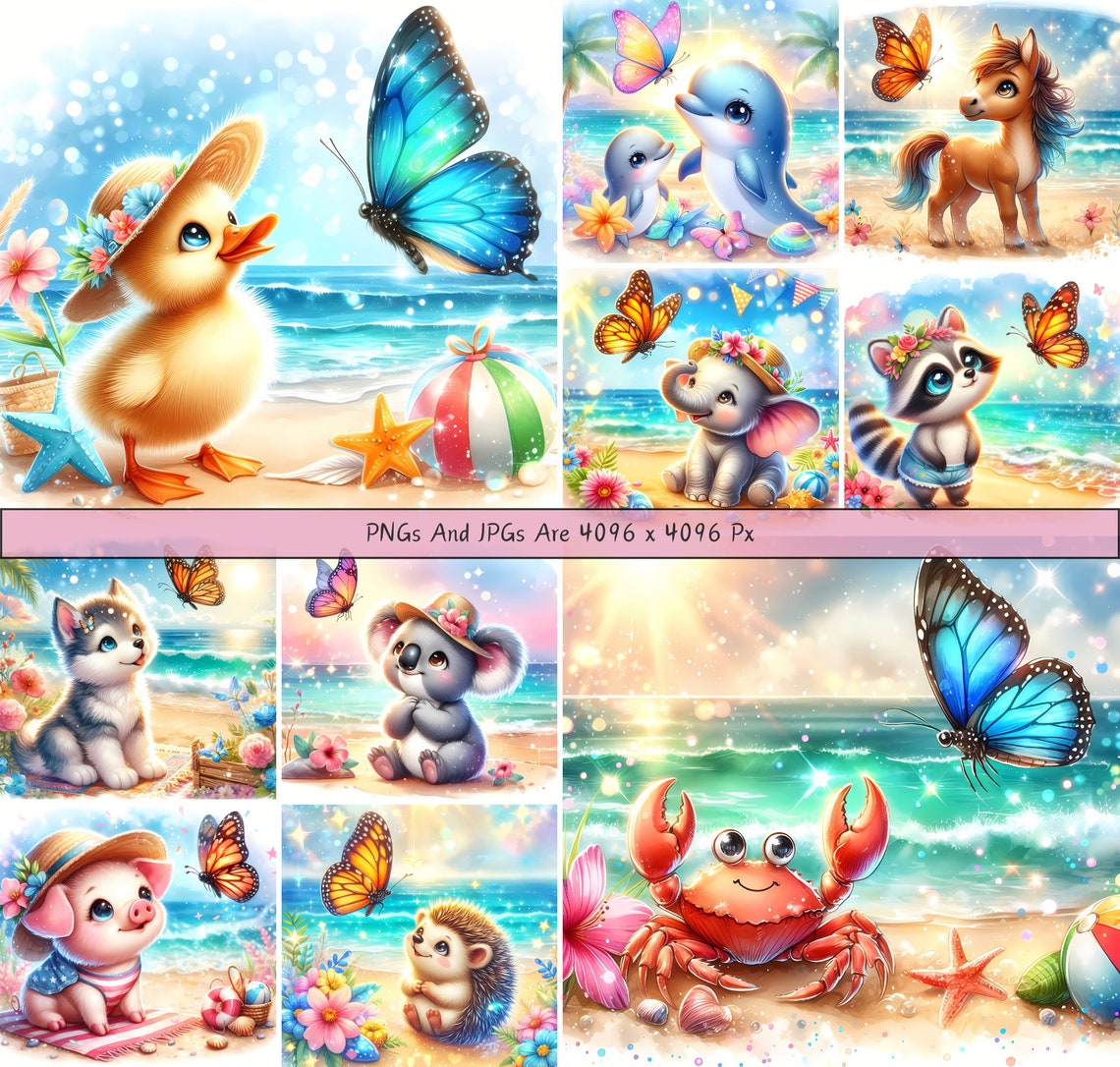 Cute Summer Animals and Butterflies Clipart Bundle, Watercolor Clip Art ...
