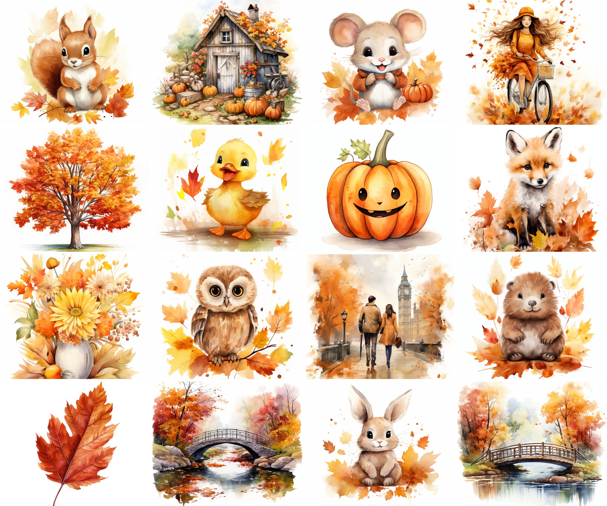 100 Watercolor Fall Clipart Bundle Cute Baby Fall Animals - Etsy