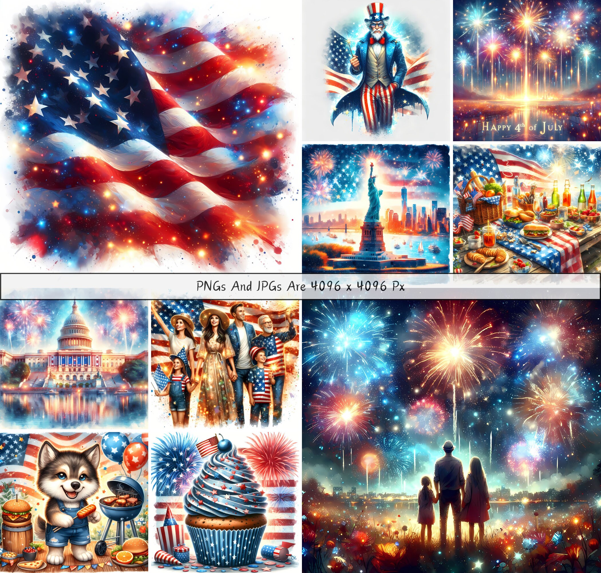 4th July Clipart Bundle, Watercolor Patriotic Clip Art, High Quality ...