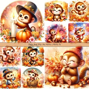 Cute Fall Monkeys Clipart Bundle, Watercolor Monkey Clip Art Images ...