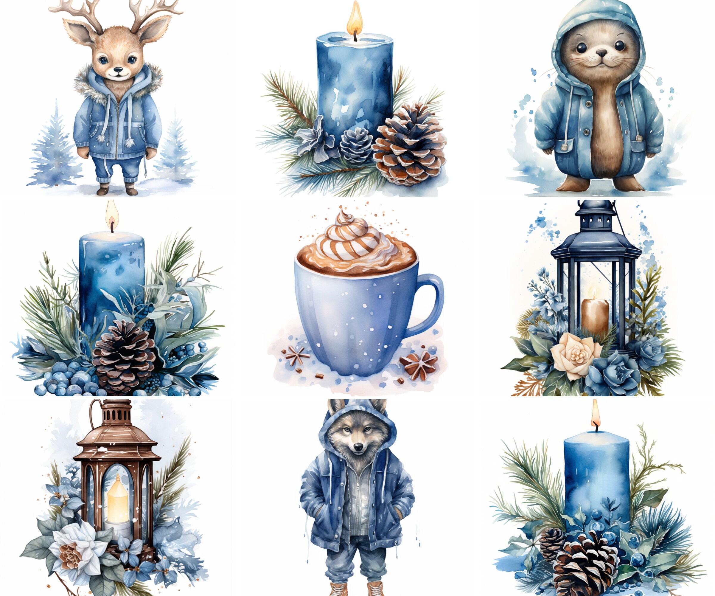 Cozy Winter Clipart Bundle, Blue Winter, Cute Watercolor Christmas ...