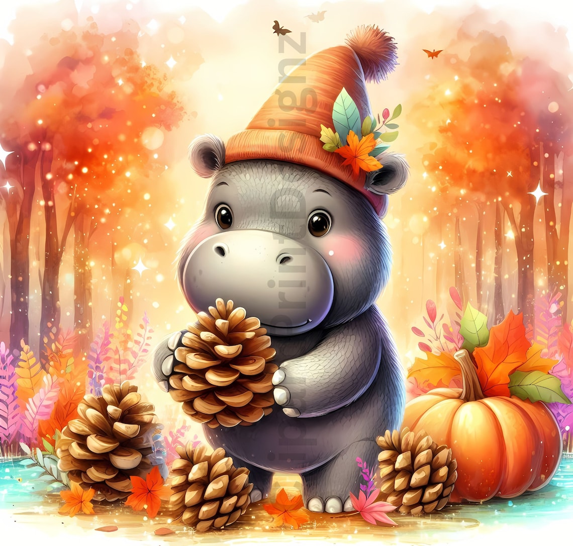 Cute Fall Hippopotamuses Clipart Bundle, Watercolor Hippos Clip Art ...