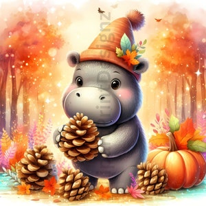 Cute Fall Hippopotamuses Clipart Bundle, Watercolor Hippos Clip Art ...