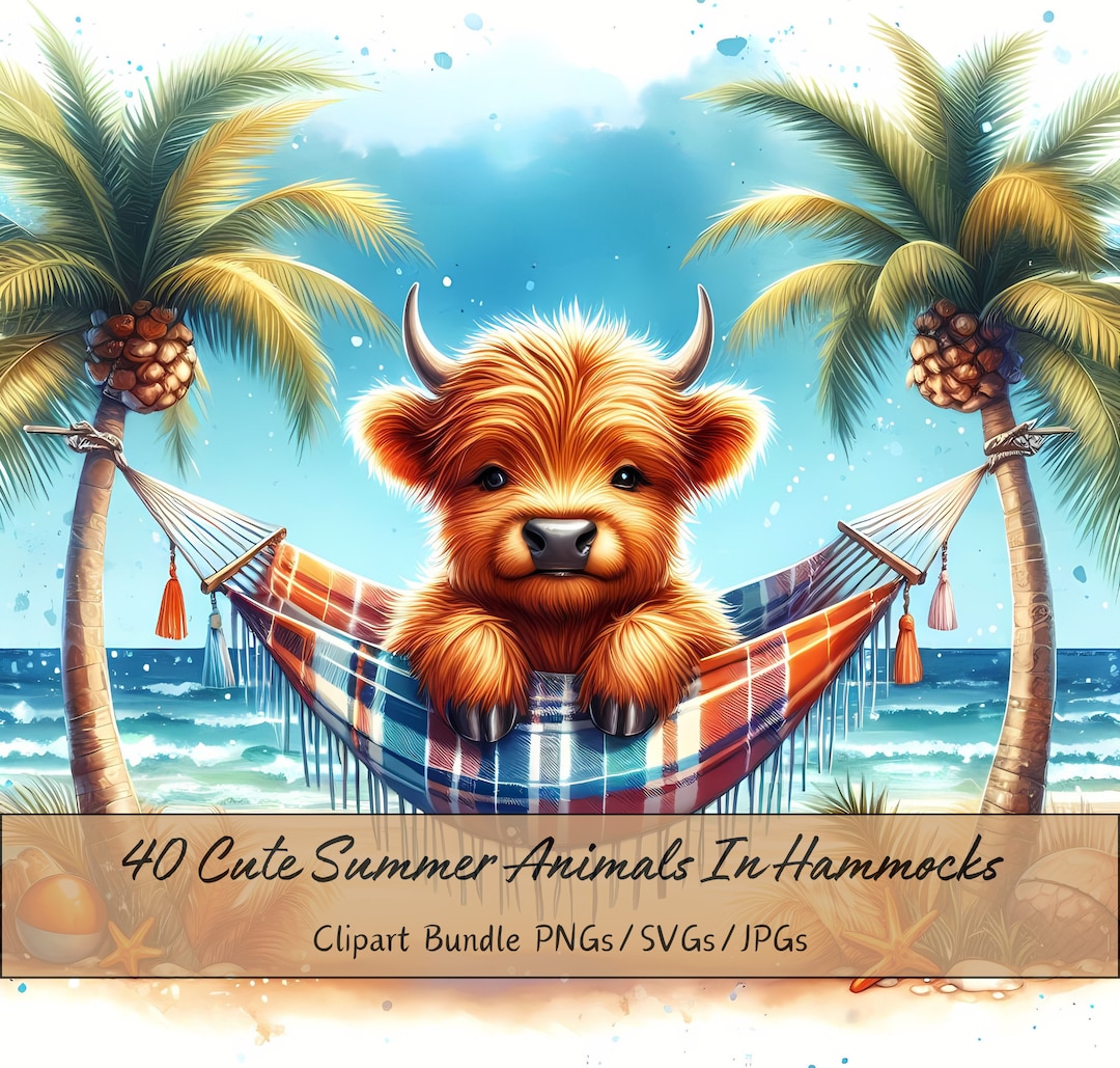 Cute Summer Animals in Hammocks Clipart Bundle, Watercolor Sun Clip Art ...