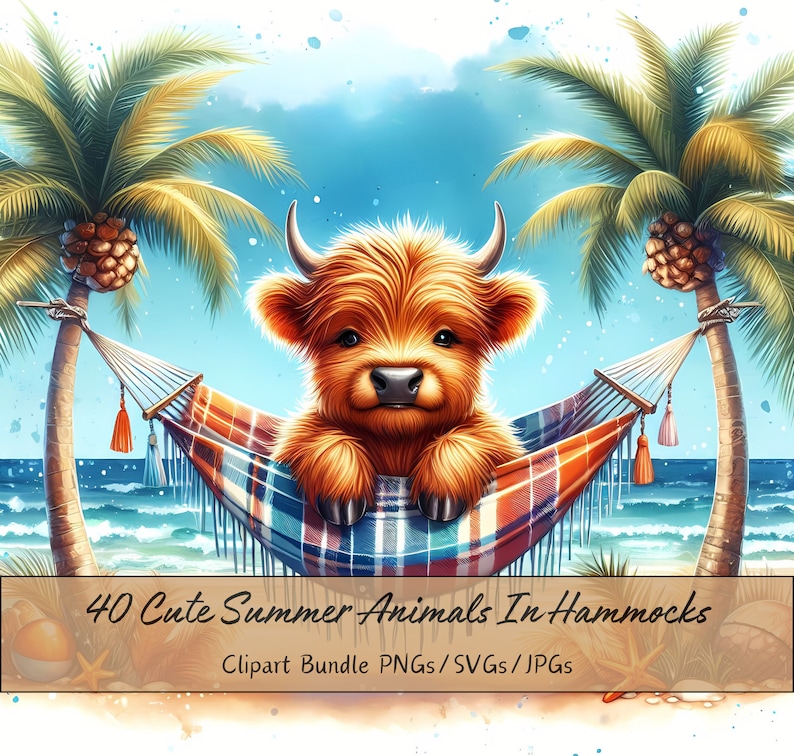 Cute Summer Animals in Hammocks Clipart Bundle, Watercolor Sun Clip Art ...