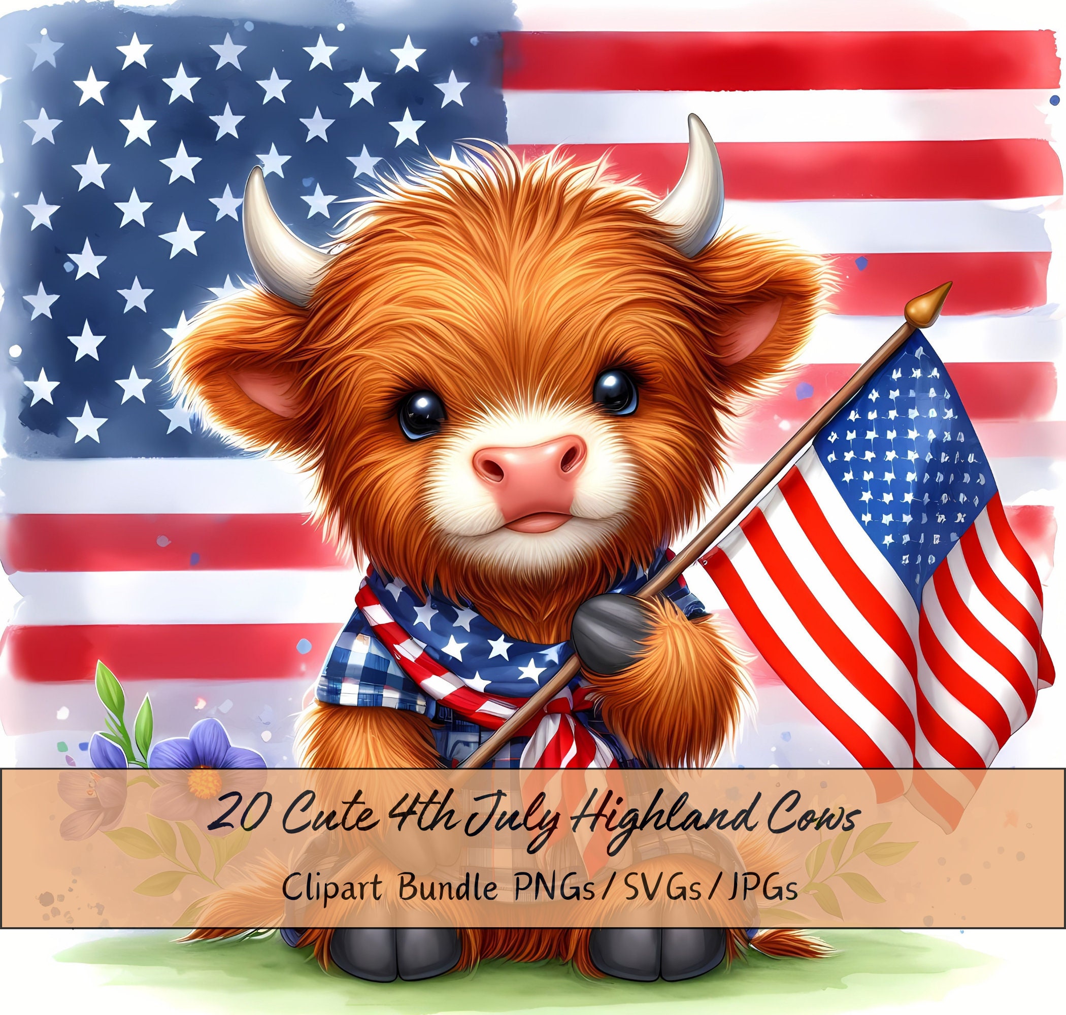 Cute 4th July Highland Cows Clipart Bundle, Watercolor Patriotic ...