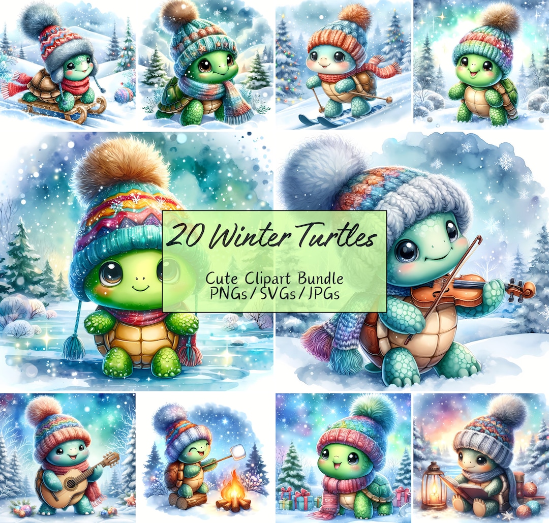 Cute Winter Turtles Clipart Bundle, Festive Watercolor Clip Art Images ...