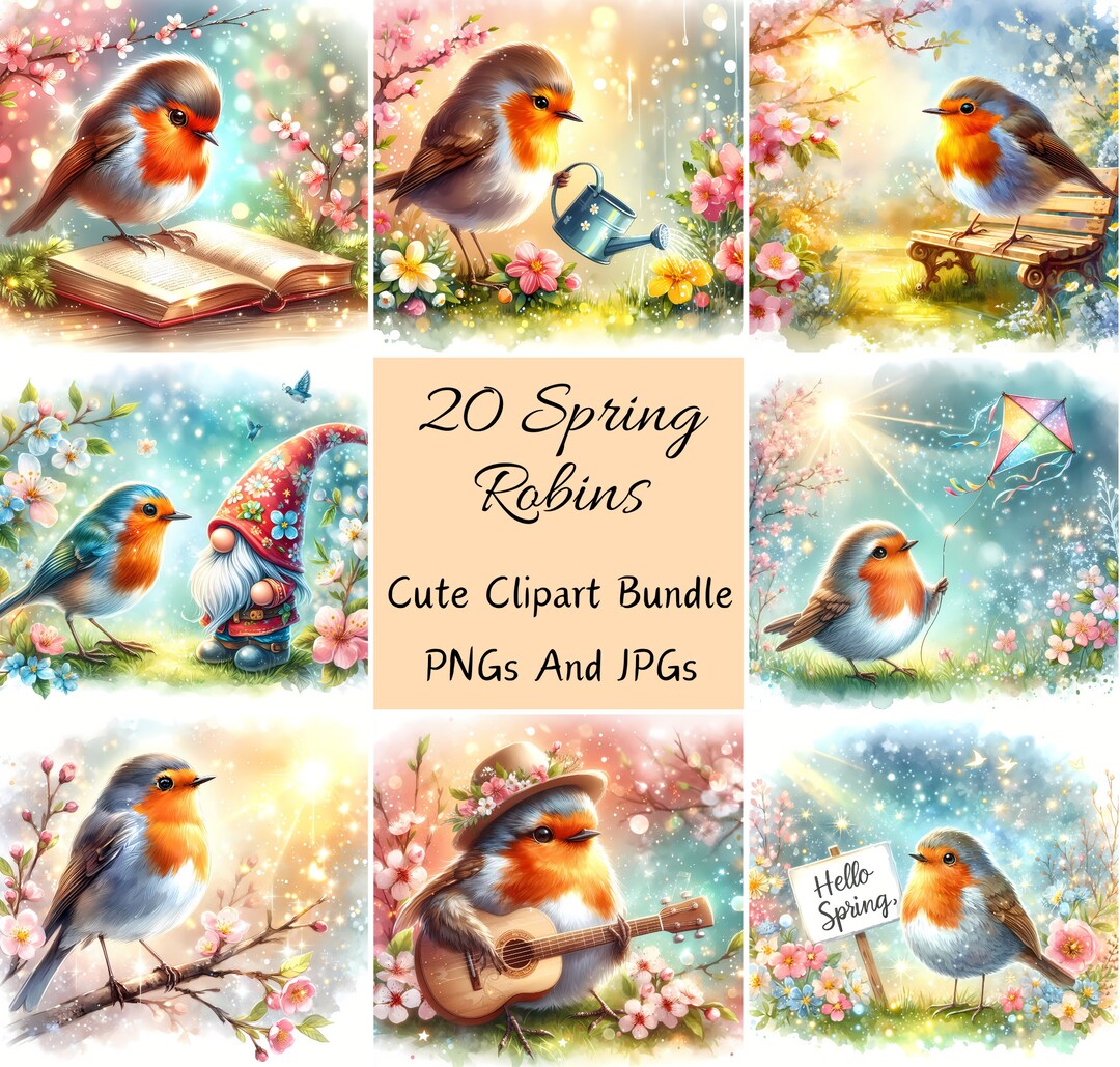 Cute Spring Robins Clipart Bundle, Watercolor Clip Art Images, 20 High ...