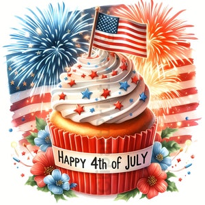 4th July Cupcakes Clipart Bundle, Watercolor Patriotic Files, High ...