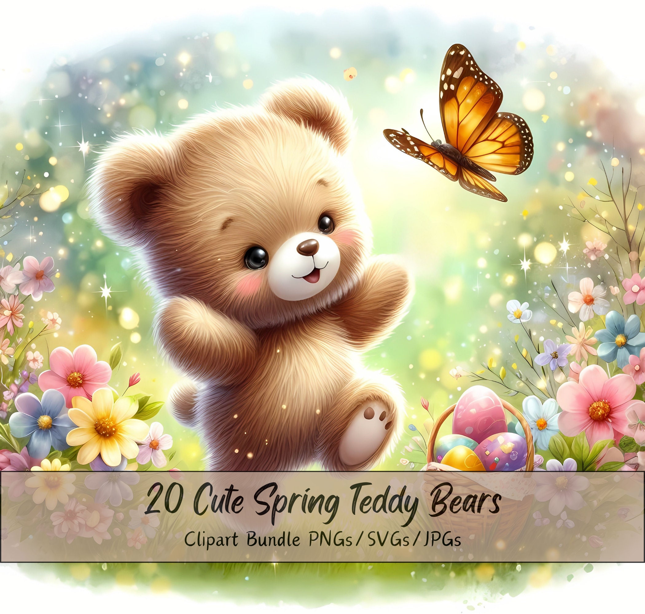 Cute Spring Teddy Bears Clipart Bundle, Watercolor Clip Art Images ...