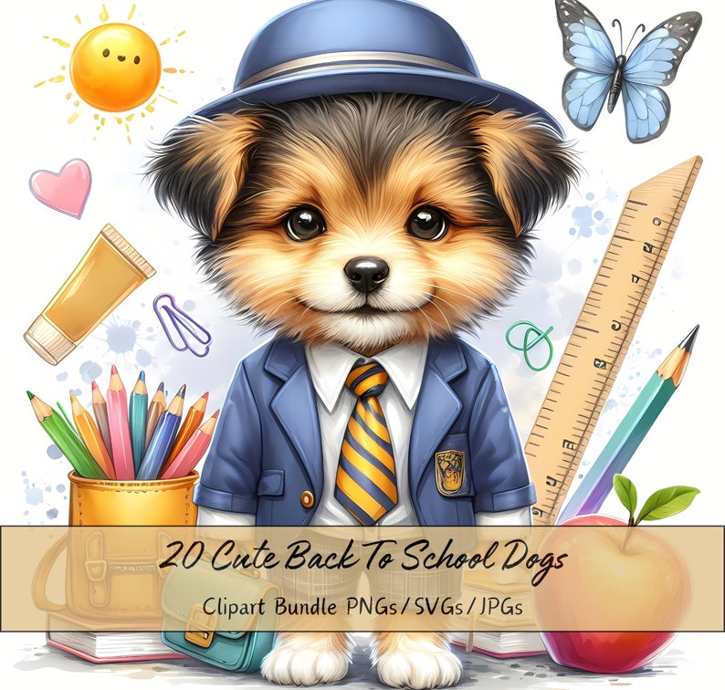 Cute Back to School Dogs Clipart Bundle, Watercolor Dog Clip Art Images ...