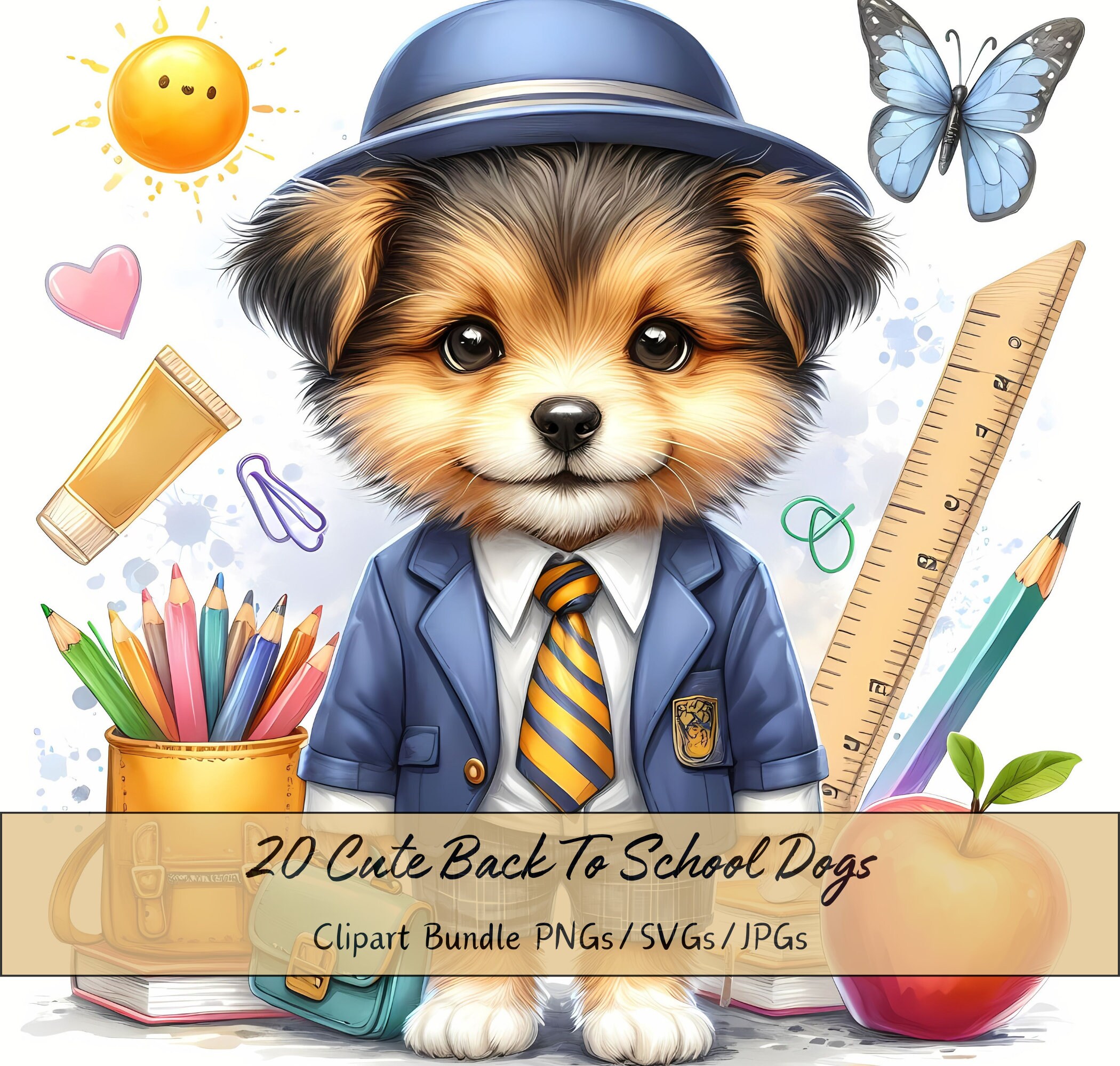 Cute Back to School Dogs Clipart Bundle, Watercolor Dog Clip Art Images ...
