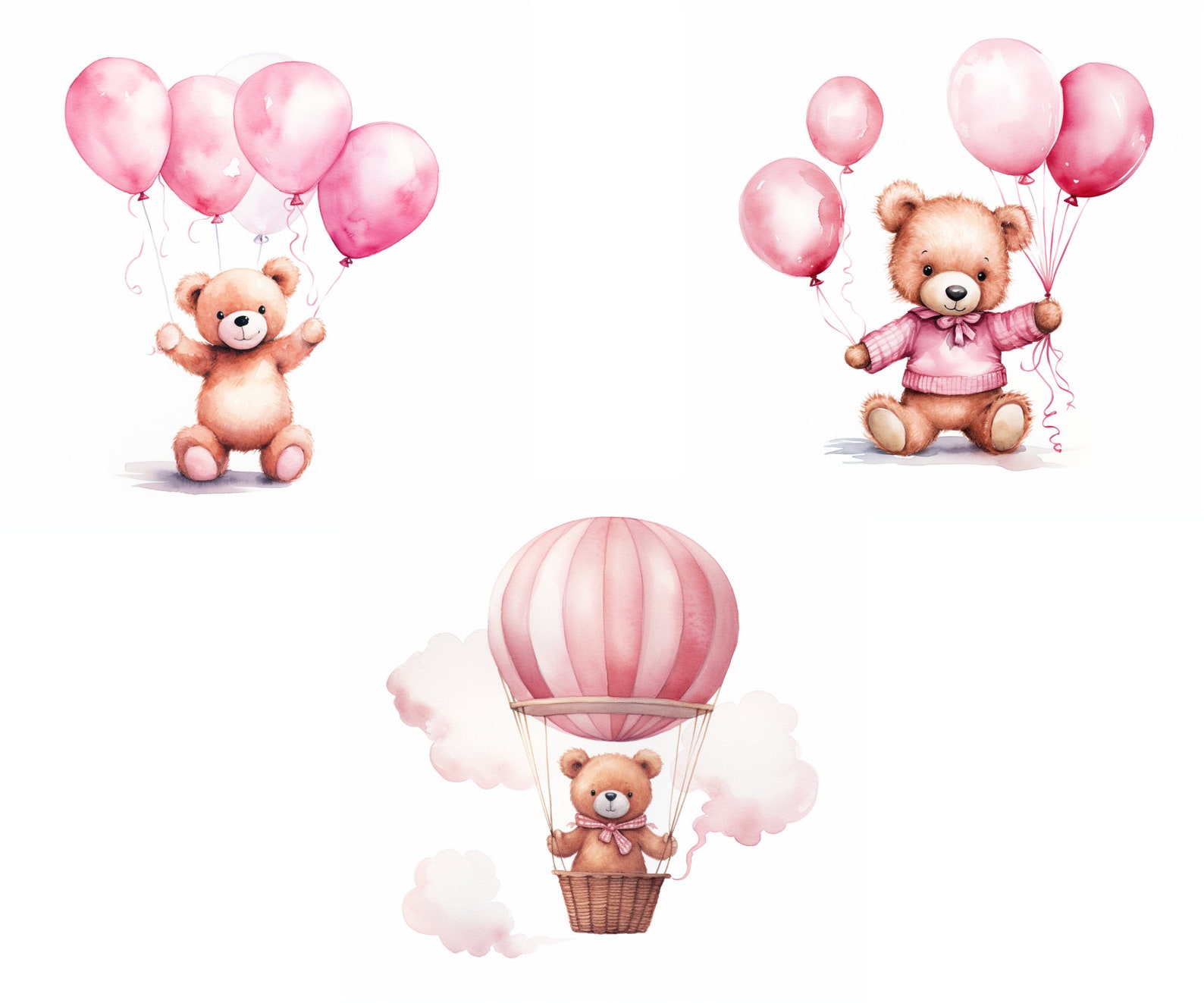 Pink Watercolor Teddy Bear Clipart Bundle, Cute Baby Shower Clipart ...