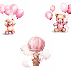 Pink Watercolor Teddy Bear Clipart Bundle, Cute Baby Shower Clipart ...