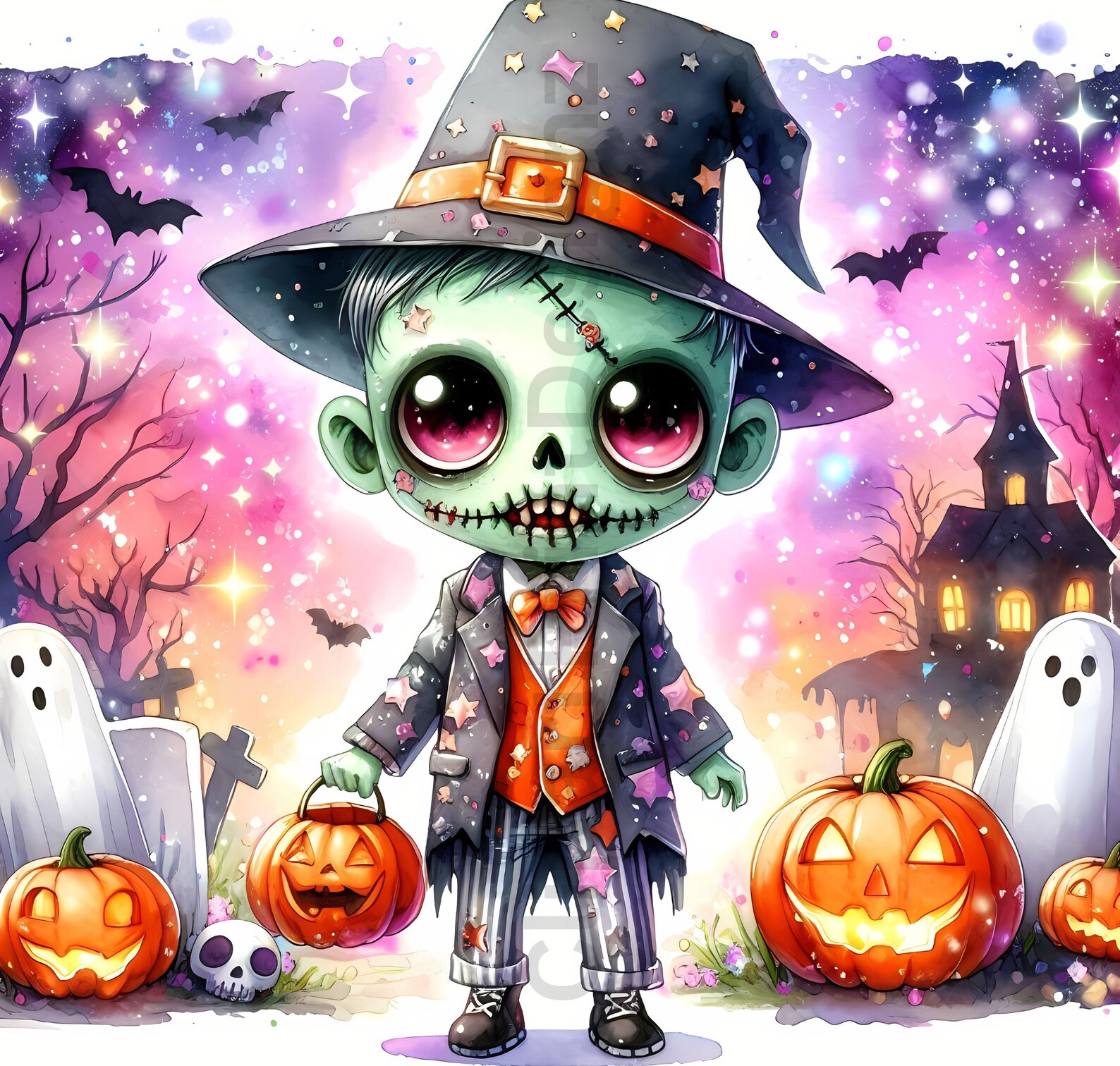 Cute Halloween Zombies Clipart Bundle, Watercolor Zombies Clip Art ...