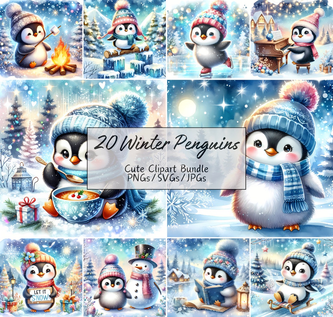 Cute Winter Penguin Clipart Bundle, Watercolor Clip Art Images, 20 High ...
