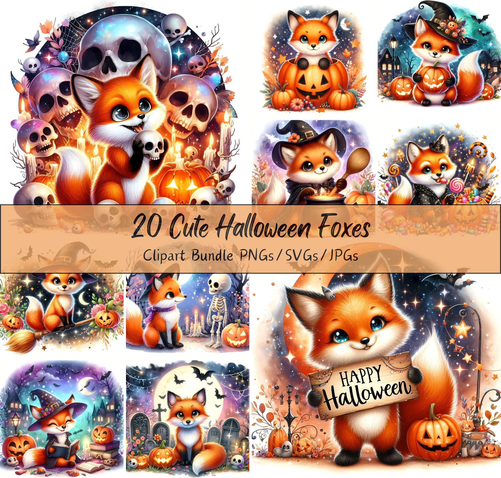 Cute Halloween Foxes Clipart Bundle, Watercolor Fox Clip Art Images ...