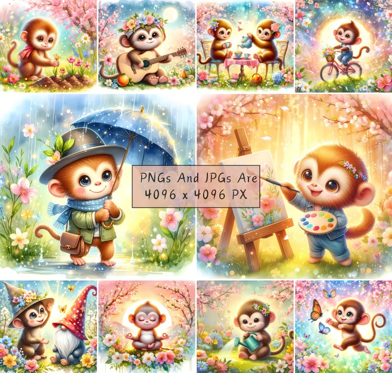 Cute Spring Monkeys Clipart Bundle, Watercolor Clip Art Images, 20 High ...