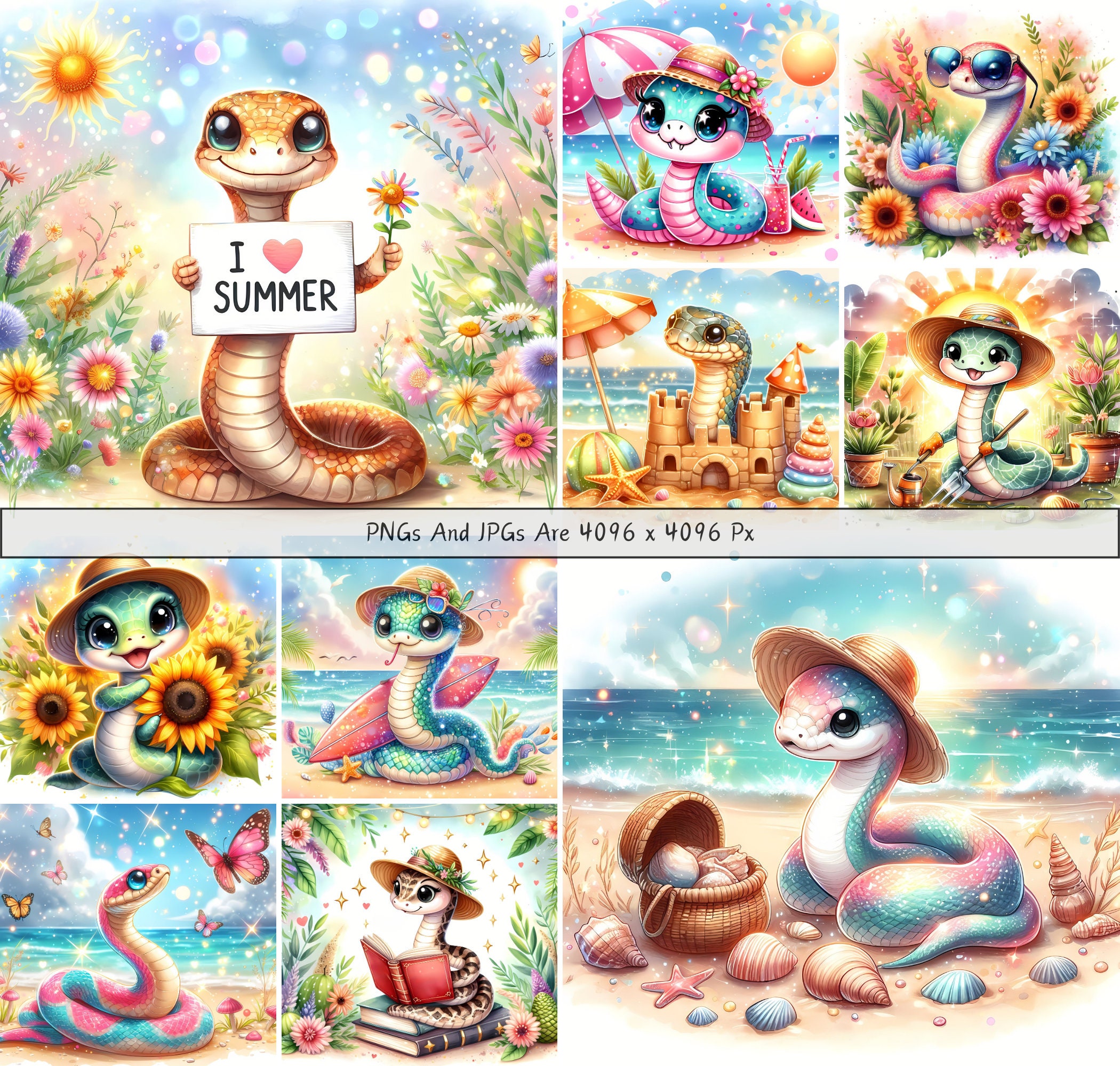 Cute Summer Snakes Clipart Bundle, Watercolor Snake Clip Art Images ...