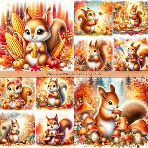 Cute Fall Squirrels Clipart Bundle, Watercolor Autumn Squirrel Clip Art ...