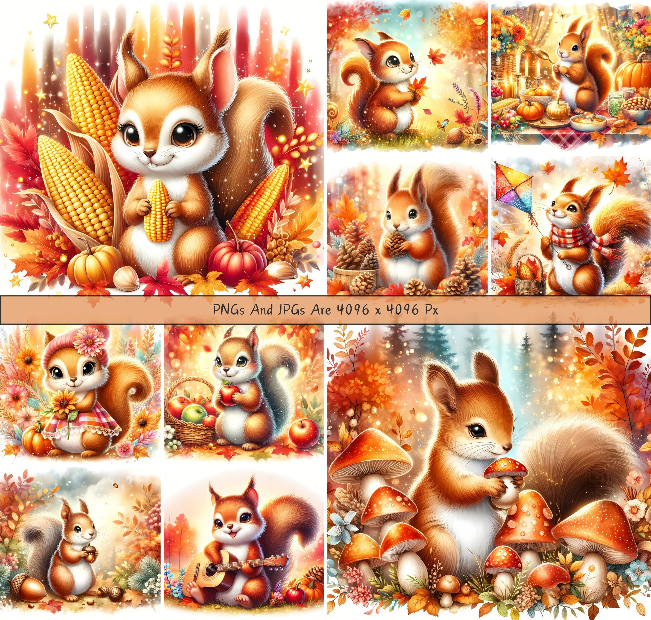 Cute Fall Squirrels Clipart Bundle, Watercolor Autumn Squirrel Clip Art ...
