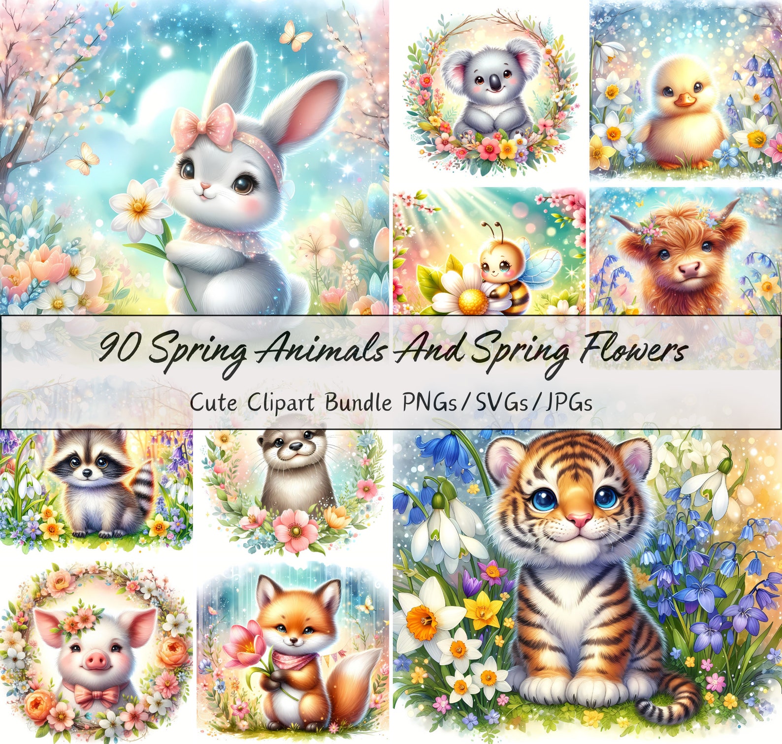 Mega Cute Spring Animals and Flowers Clipart Bundle, Watercolor Clip ...