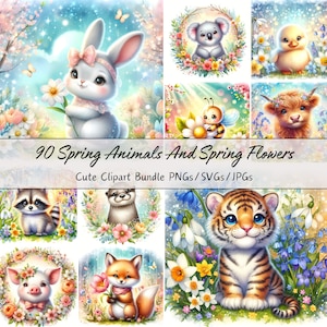 Mega Cute Spring Animals and Flowers Clipart Bundle, Watercolor Clip ...
