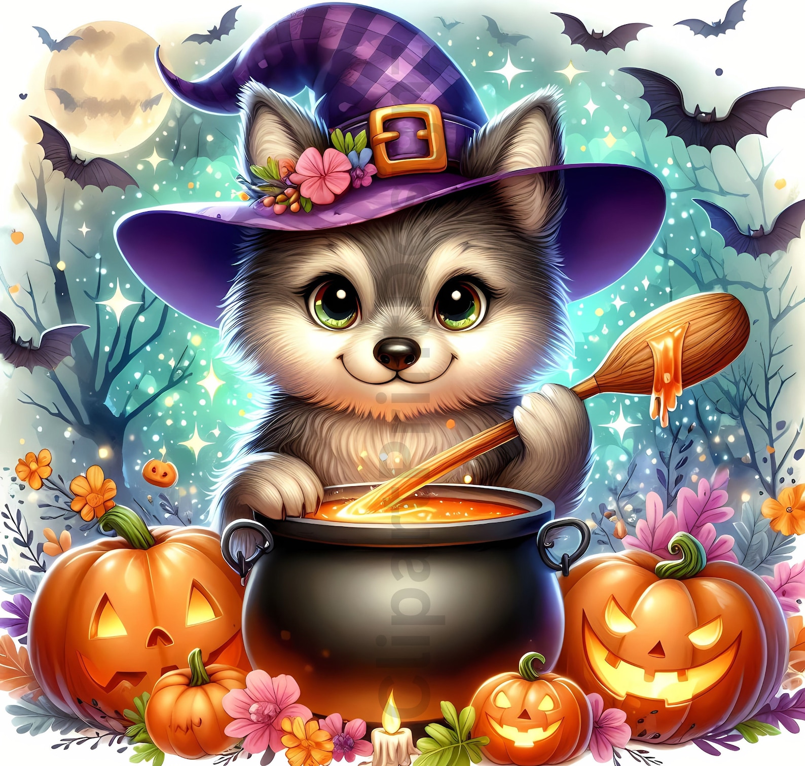 Cute Halloween Wolves Clipart Bundle, Watercolor Wolf Clip Art Images ...