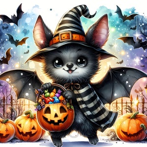 Cute Halloween Bats Clipart Bundle, Watercolor Bat Clip Art Images ...