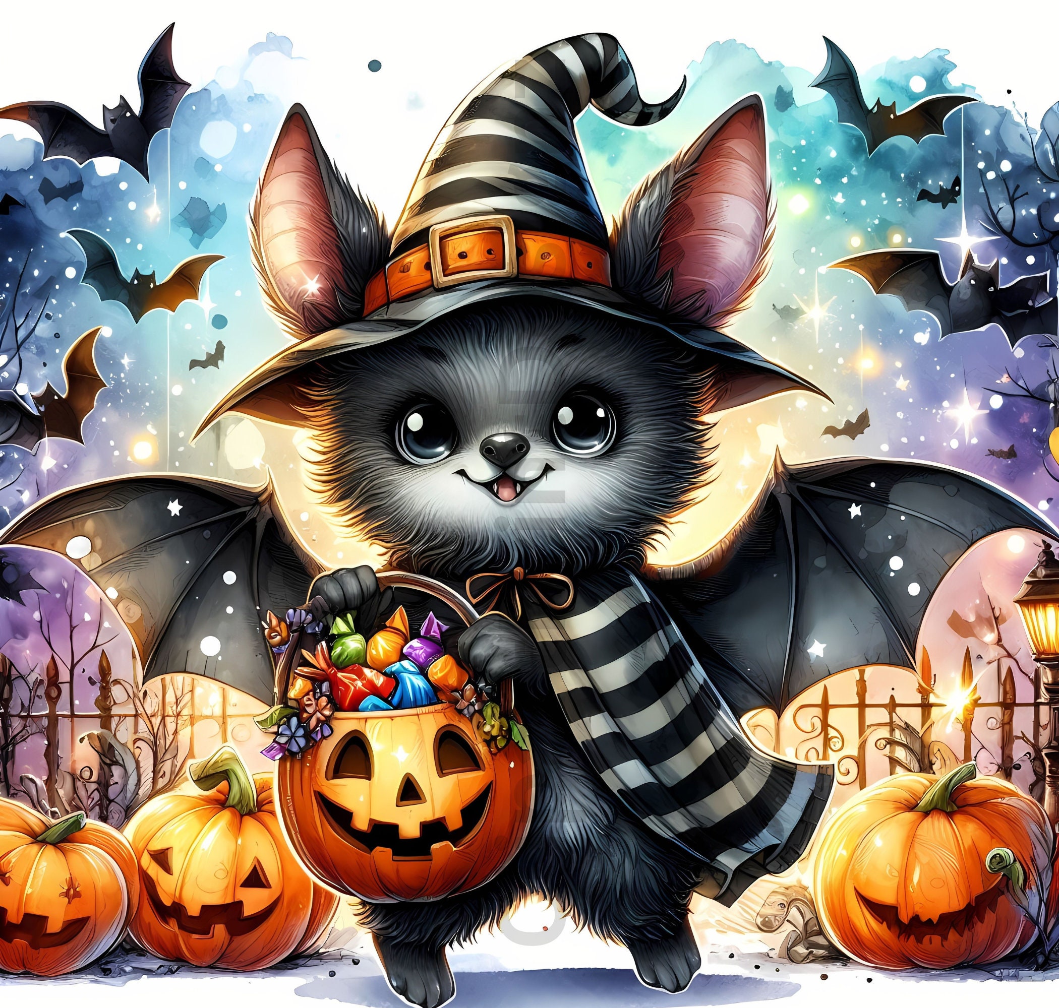 Cute Halloween Bats Clipart Bundle, Watercolor Bat Clip Art Images ...
